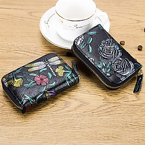 Womens Walllet RFID Blocking Leather Credit Card Wallet Flower Retro Coin Purse Zipper Pockets Card Case Holder (Dragonfly,One Size)