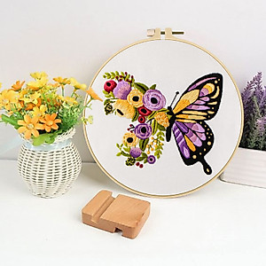 Anidaroel 3 Sets Butterfly Flower Pattern Embroidery Starter Kit for Beginners, Stamped Cross Stitch Kits for Beginners Adults Include Embroidery Fabric Embroidery Hoop Threads and Needles