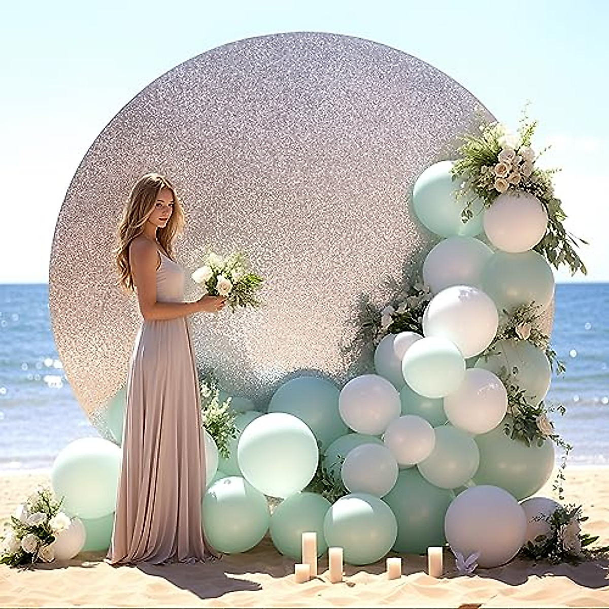 Silver Round Backdrop Cover 7.2ft Sequin Circle Backdrops Curtain Photo Backdrop Arch Covers for Wedding Party Baby Shower Bridal Shower Photography Birthday Prom Background Decorations