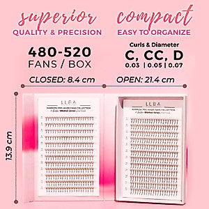 LLBA LashFolio Narrow Promade Fans | Handmade Volume Eyelashes | Multi Selections 5D~10D | C CC D Curl | Thickness 0.03~0.07mm | 8-15mm Length | Long Lasting & Easy Application (10D-0.03 D 8mm-15mm)
