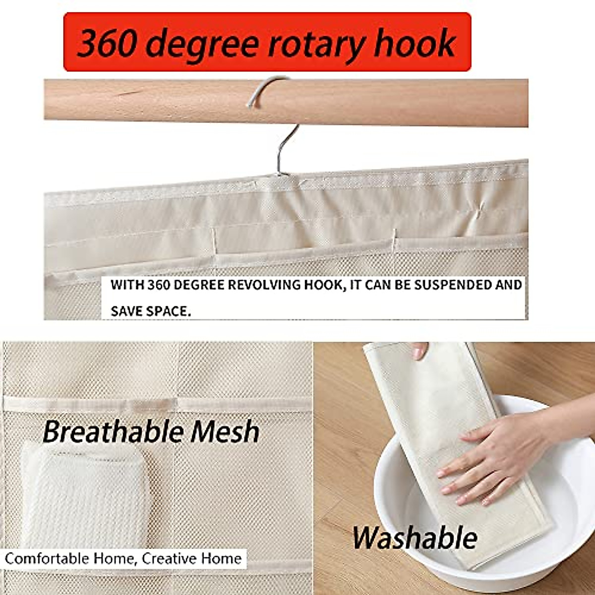 Anller Hanging Mesh Pockets, Dual Sided Wall Shelf Wardrobe Storage Bags, Closet Hanging Shelves with Rotating Metal Hanger, for Bra Socks Underwear Underpants, 2 Pack
