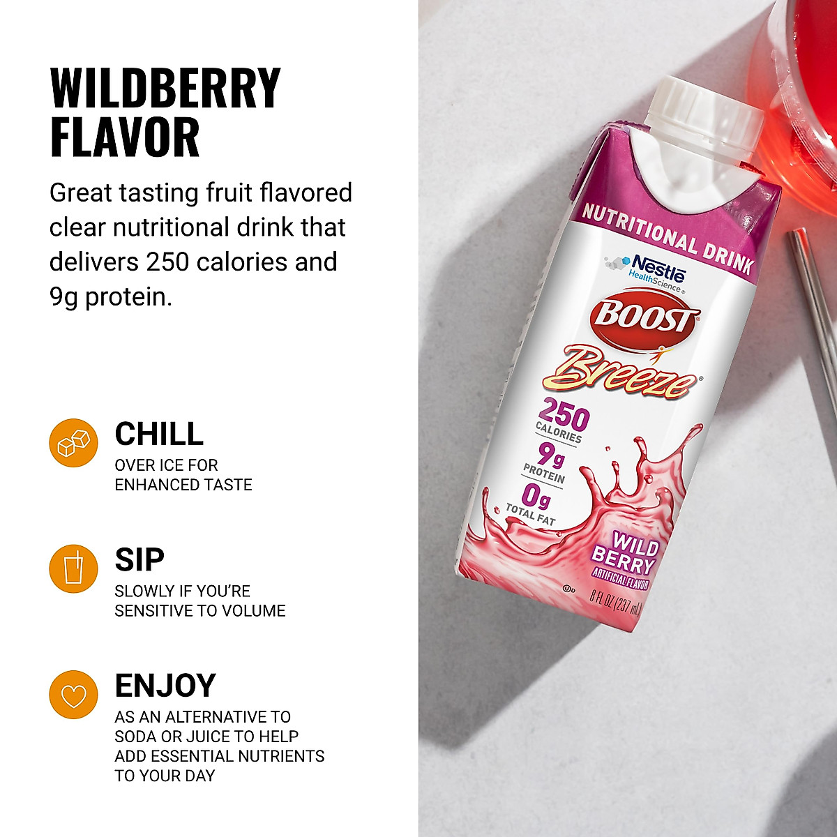 BOOST Breeze Clear Nutritional Drink - 250 Calories - 19 Vitamins & Minerals - 9 g Protein – Fortified Clear Nutritional Drink with Vitamin A & Zinc - Wild Berry Flavor - 8 fl oz (Pack of 24)