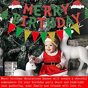 Christmas Birthday banner Merry Birthday Christmas Banner Decorations Red Green Glitter Christmas Xmas Tree Decorations Birthday Cake Toppers Decoration Baby Shower Vacation Holiday Party Decorations