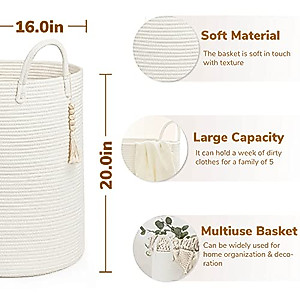 Goodpick White Laundry Basket with Handles, Tall Woven Laundry Hamper for Clothes, Towels, Pillows, Toys, Decorative Blanket Basket for Living Room, Bedroom, Playroom, 16 x 20 inches