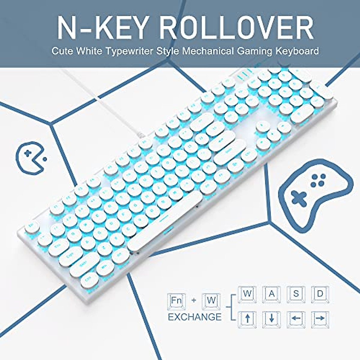 Camiysn Typewriter Style Mechanical Gaming Keyboard, White Retro Punk Gaming Keyboard with Blue Backlit, 104 Keys Blue Switch Wired Cute Keyboard, Round Keycaps for Windows/Mac/PC