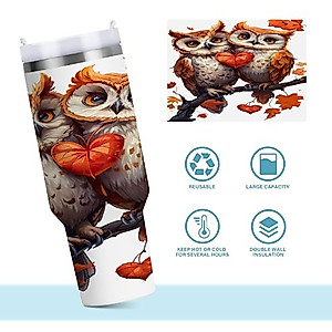 ODAWA Owl Maple Leaf Travel Coffee Tumbler 30 Oz Travel Mug with Handle and Straw