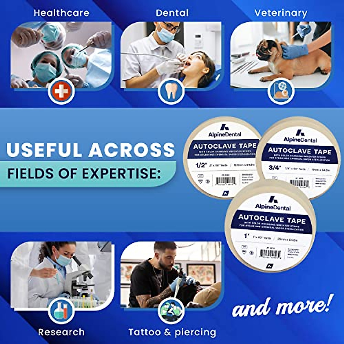 60 Yd. Roll of Autoclave Tape 1/2" – Indicates Sterilization for Dental Tools, Surgical Instruments, & Tattoo Accessories – Heat Tape for Chemical, Dry Heat, & Autoclave Sterilizers by Alpine Dental