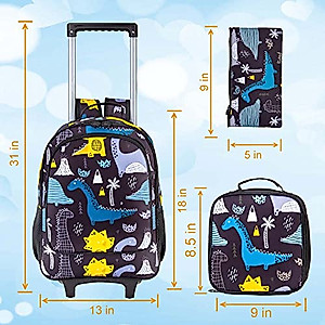 gxtvo Kids Rolling Backpack, Roller Wheels Boys Bookbag - Wheeled Suitcase Elementary School Bag - 3PCS Dinosaur