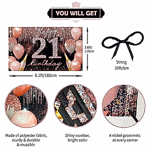 Happy 21st Birthday Backdrop Banner, 21st Birthday Decoration for Her Rose Gold, 21 Year Old Birthday Party Yard Sign Photo Booth Props Background Poster, 21 Bday Decor, Fabric, PHXEY