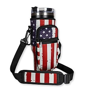 BUTSYCOL Water Bottle Bag with Strap, Stanley 40 oz Tumbler with Handle Accessories, Stanley Holder with Strap and Pouch Sleeve for Gym, Stanley Cup Accessories 40 oz (American Flag)