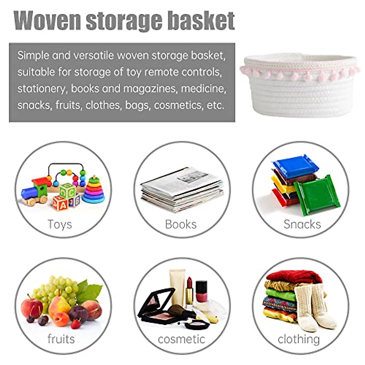 PHEZEN Cotton Rope Basket Bins, Small Woven Storage Baskets for Toy Storage Snacks Clothes Cosmetic Fruits Books Sundries Soft Storage Bins, Boho Woven Storage Baskets Decor Pink (20.5cm x 9.5cm)