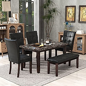 FIQHOME 6-Piece Set with one Faux Marble Dining Table,4 Upholstered PU Leather Chairs and 1 Bench,Perfect for Kitchen, Breakfast Nook, Bar, Living Room,Black