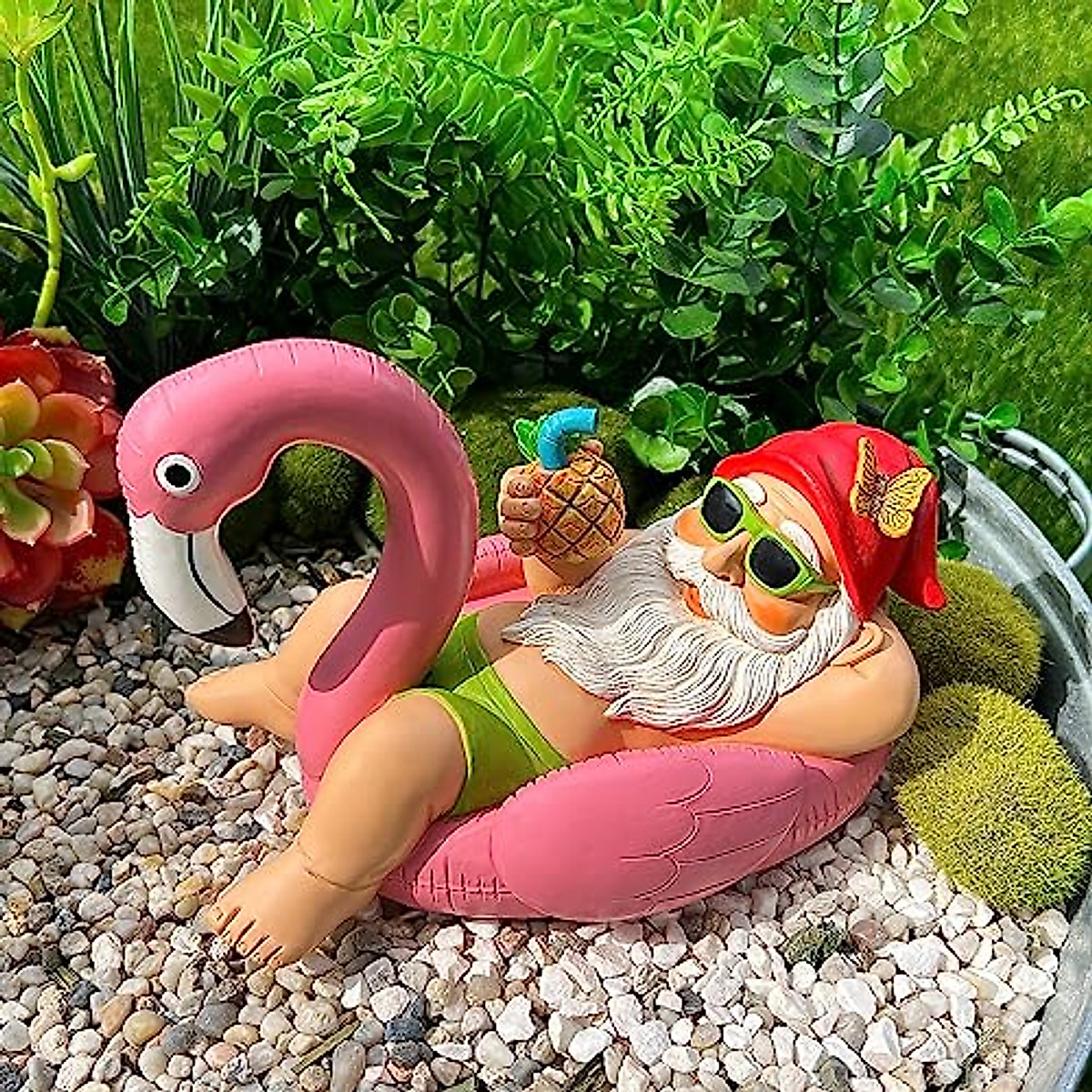 Mood Lab Garden Gnome on Flamingo - Funny Gnome Figurine - 8 Inch Depth Lawn Statue - for Outdoor or House Decor