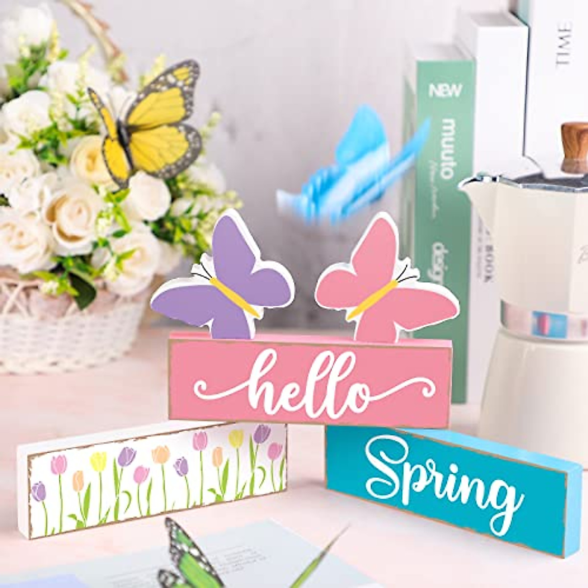 5 Pcs Hello Spring Tiered Tray Decorations Rustic Spring Table Decor Farmhouse Spring Decorations for Home Spring Wood Sign Hello Spring Table Centerpiece Standing Decor for Shelf Tabletop Fireplace