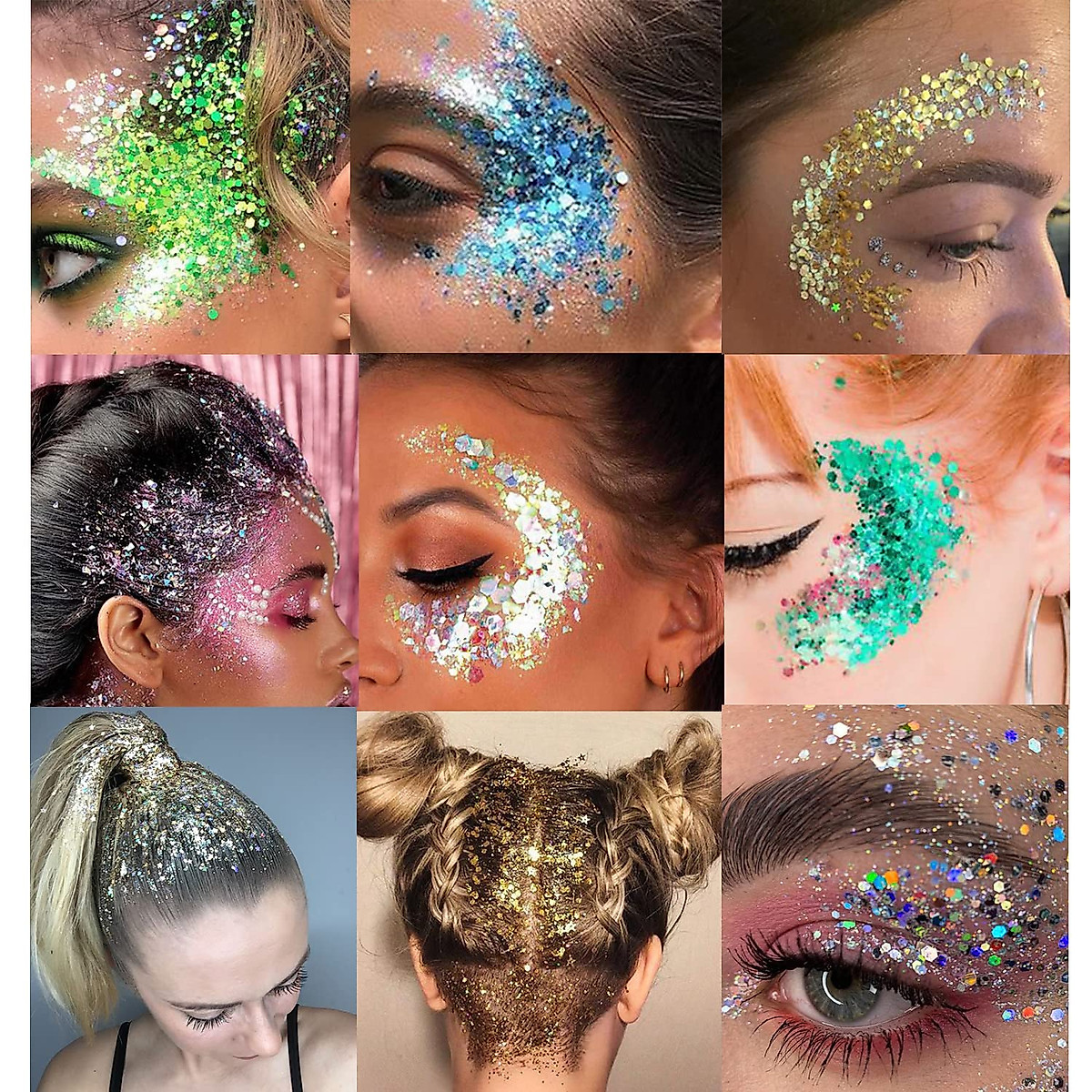 6 Colors Face Body Glitter Gel Set, Shimmer Chunky Glitters Cream for Eyes Hair Nails Makeup, Long Lasting Sparkling Mermaid Holographic Sequins Paste for Festival Art Party Halloween Makeup Gift Kit