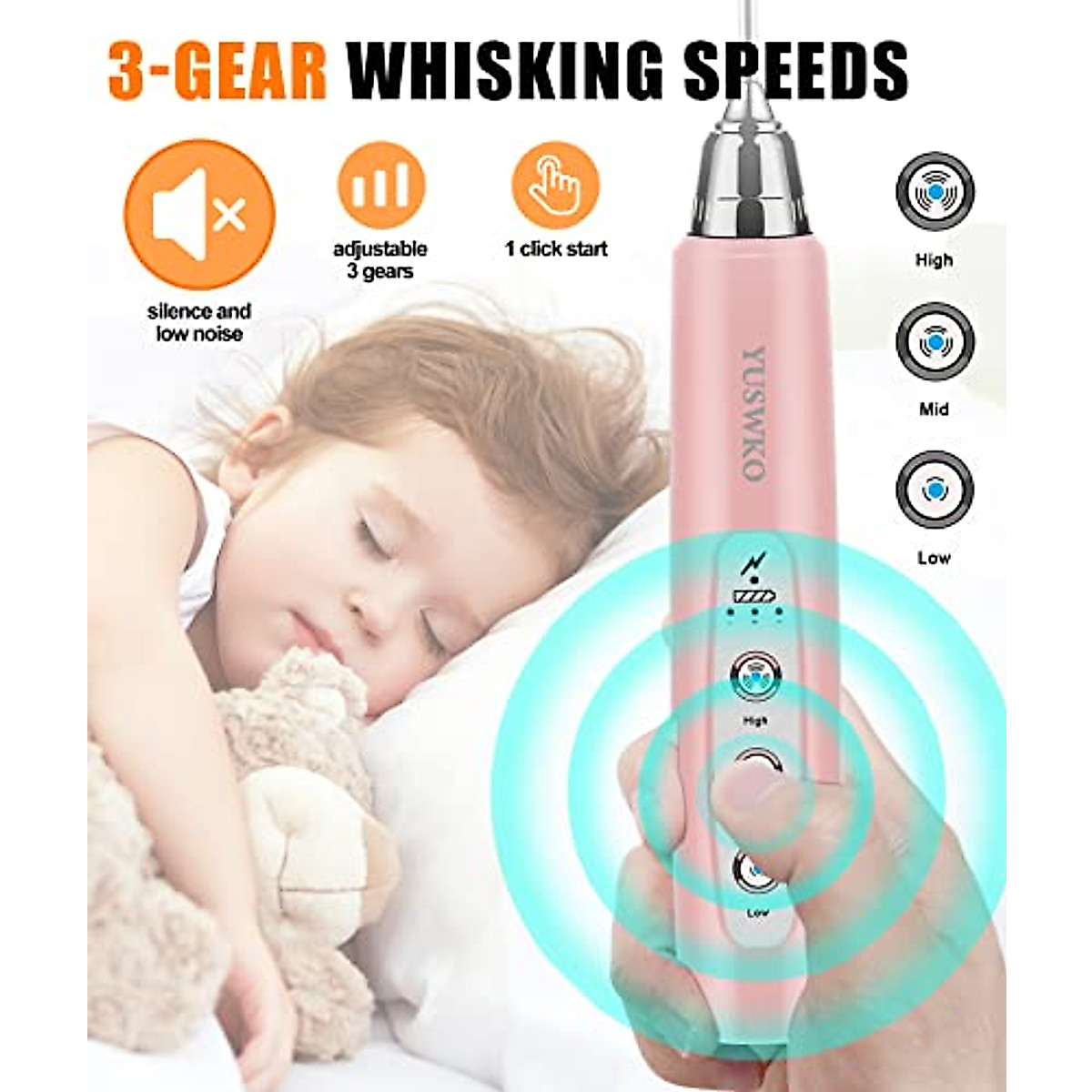 YUSWKO Rechargeable Milk Frother for Coffee with Stand, Handheld Drink Mixer with 3 Heads 3 Speeds Electric Stirrers for Latte, Cappuccino, Hot Chocolate, Egg - Pink