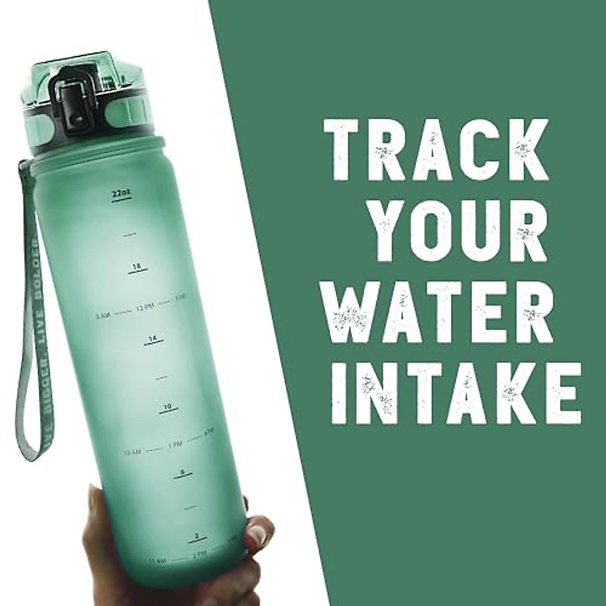 Live Infinitely 24 oz Water Bottle with Time Marker - Insulated Measured Water Tracker Screen - BPA Free Gym Water Bottle - Locking Flip Top Lid, Rubberized (Emerald, 24oz)