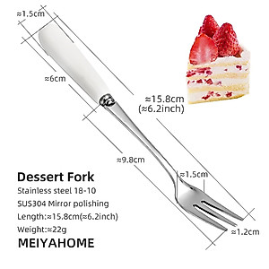 MEIYAHOME Fine Dessert Forks 18-10 Stainless Steel Fruit Fork(Creative White Ceramic Handle) Tasting Forks, 3-Tine Forks, sus304 6inch (4 Pcs)