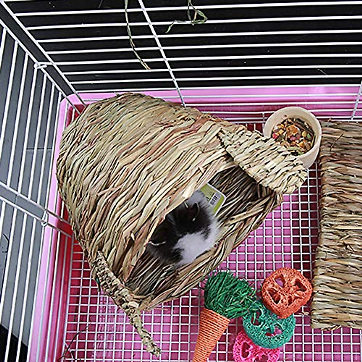 heave Hand-Made Rabbit Grass Bed House,Natural Seagrass Hideaway Play and Chew Toys Woven Folding Hut for Rabbit, Guinea Pig, Gerbils, Hamster and Other Small Animals Wood Color