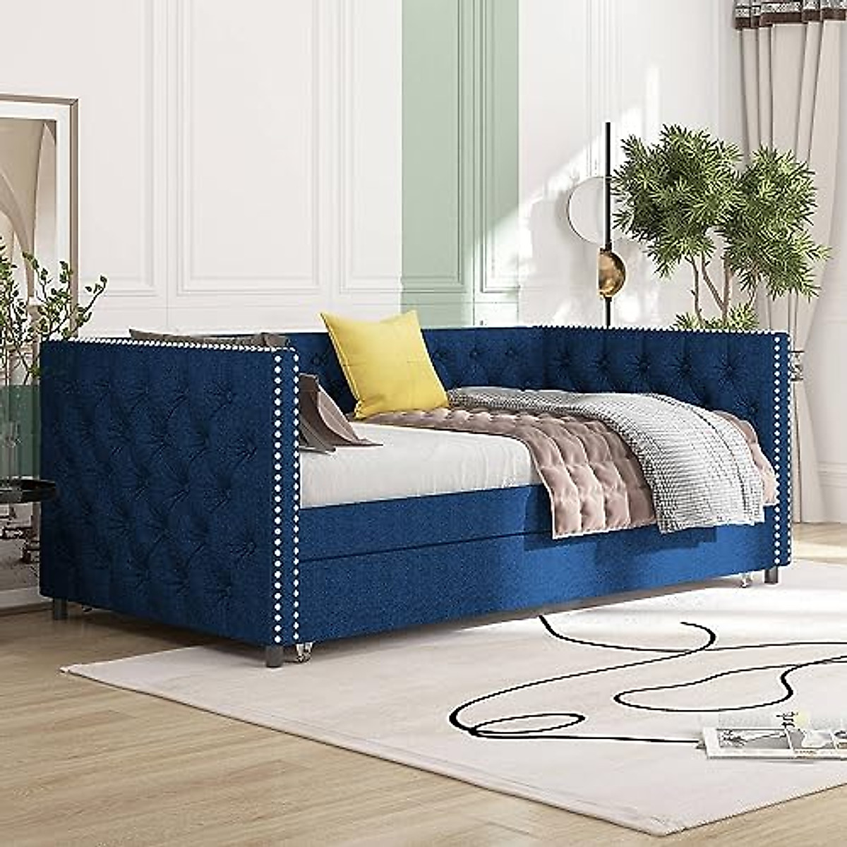 CECER Space Saving Pull Out Sleeper Sofa Bed, Button Tufted Couch Bed with Riveted Design, Daybed with Trundle, Daybed for Apartment Living Room Bedroom Office, Navy Blue