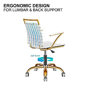 LUXMOD Vanity Chair Gold Office Chair Mid Back Ergonomic Swivel Computer Desk Chair with Arms, Ergonomic White Leather Chair for Lumbar Support & Extra Back,Home Office Chair for Desk