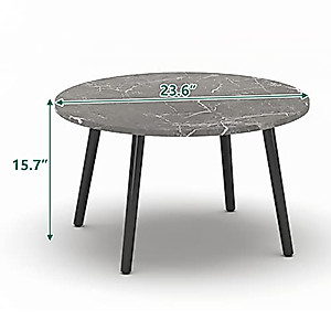 WiberWi Round Coffee Table 23.6” Small Coffee Tables for Living Room Faux Grey Marble Top Modern Circle Table Sturdy Black Solid Wood Legs Cocktail Table End Table