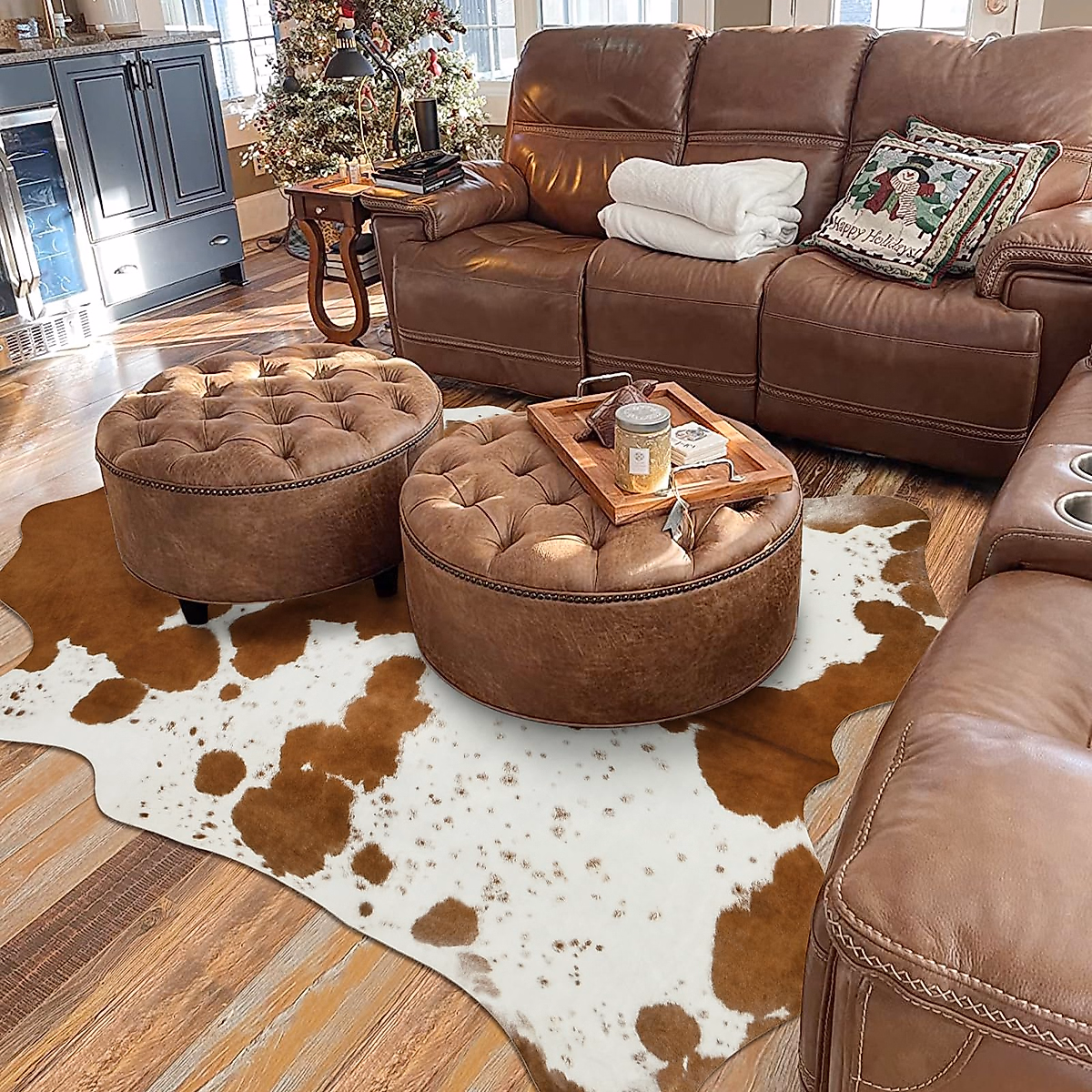 Zedrew Faux Cowhide Rugs, 5.2x6.2 Feet Large Cow Print Area Rug for Living Room Bedroom, Western Decor Carpet Animal Printed Mat for Dining Office Home Decor, Khaki