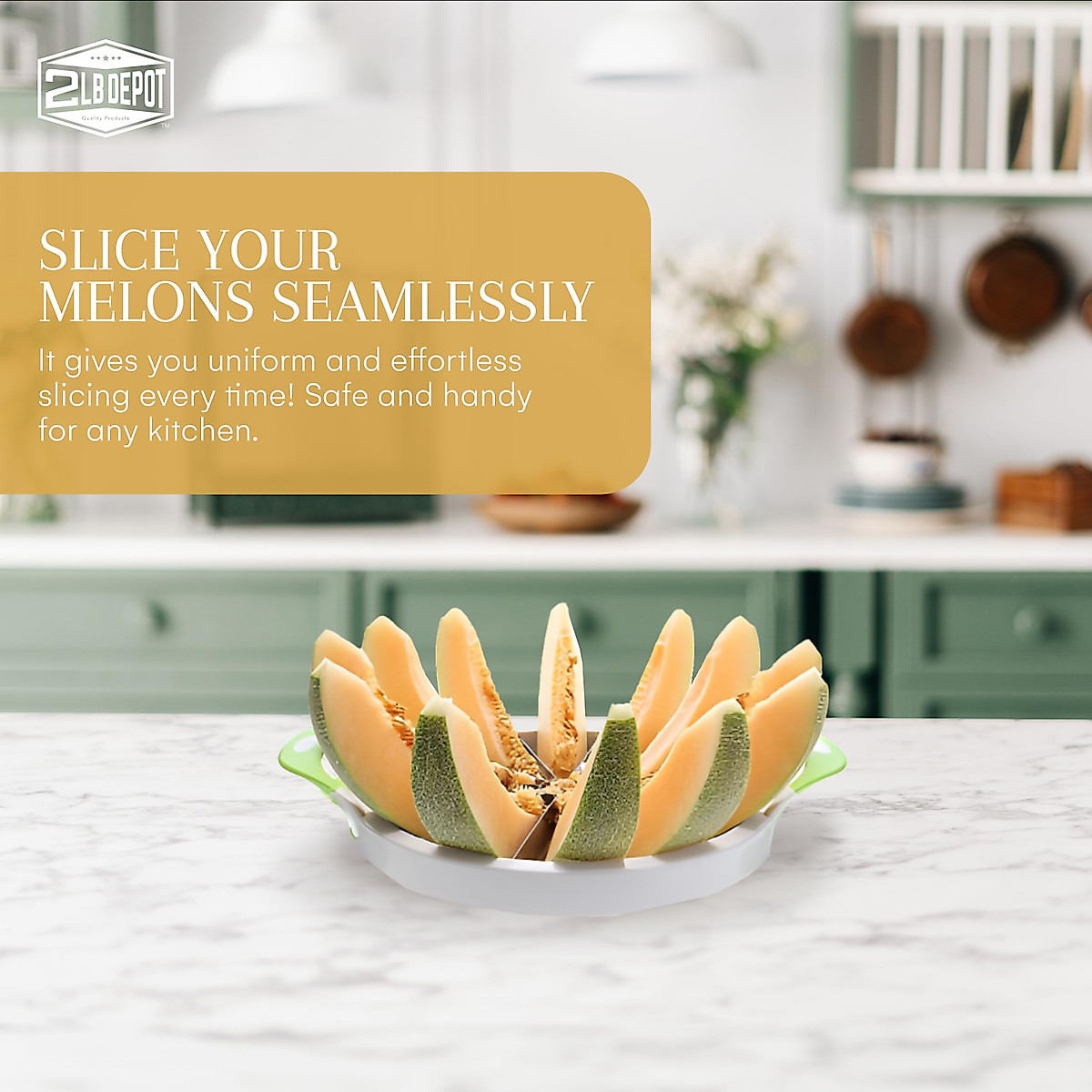 2LB Depot Watermelon Slicer - Versatile Melon Slicer and Fruit Divider with 12-Blade Uniform Slicer - Stainless Steel Blades - Easy-to-Use Handheld Cutting Tool - White & Green - 14.56Wx12.59Hx2.75L