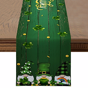 Flyart St Patricks Day Table Runner, Spring Green Gnome Shamrock Decor Table Runners for Kitchen Dining Coffee Home Wedding Parties, Holiday Burlap Table Runners for St Patrick Decor (13x36 inch)