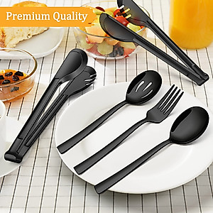 LIANYU Black Serving Utensils Set of 8, Stainless Steel Serving Spoons, Slotted Spoons, Serving Forks, Metal Tongs for Kitchen Buffet Party Banquet Entertaining, Mirror Finished, Dishwasher Safe