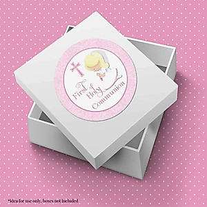 First Holy Communion Religious Thank You Sticker Labels for Girls (Light Skin, Blond Hair), 40 2" Party Circle Stickers by AmandaCreation, Great for Party Favors, Envelope Seals & Goodie Bags