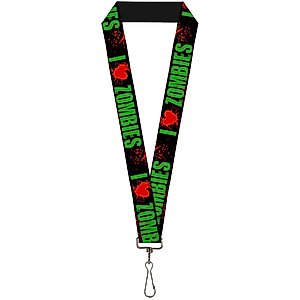 Buckle-Down Lanyard - I "HEART" ZOMBIES Black/Green/Red Splatter