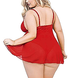 EVELUST Plus Size Lingerie for Women - Sexy Double Layer Chemise Comfy Boudoir Outfits Lace High Waist Teddy Babydoll(Large, Red)