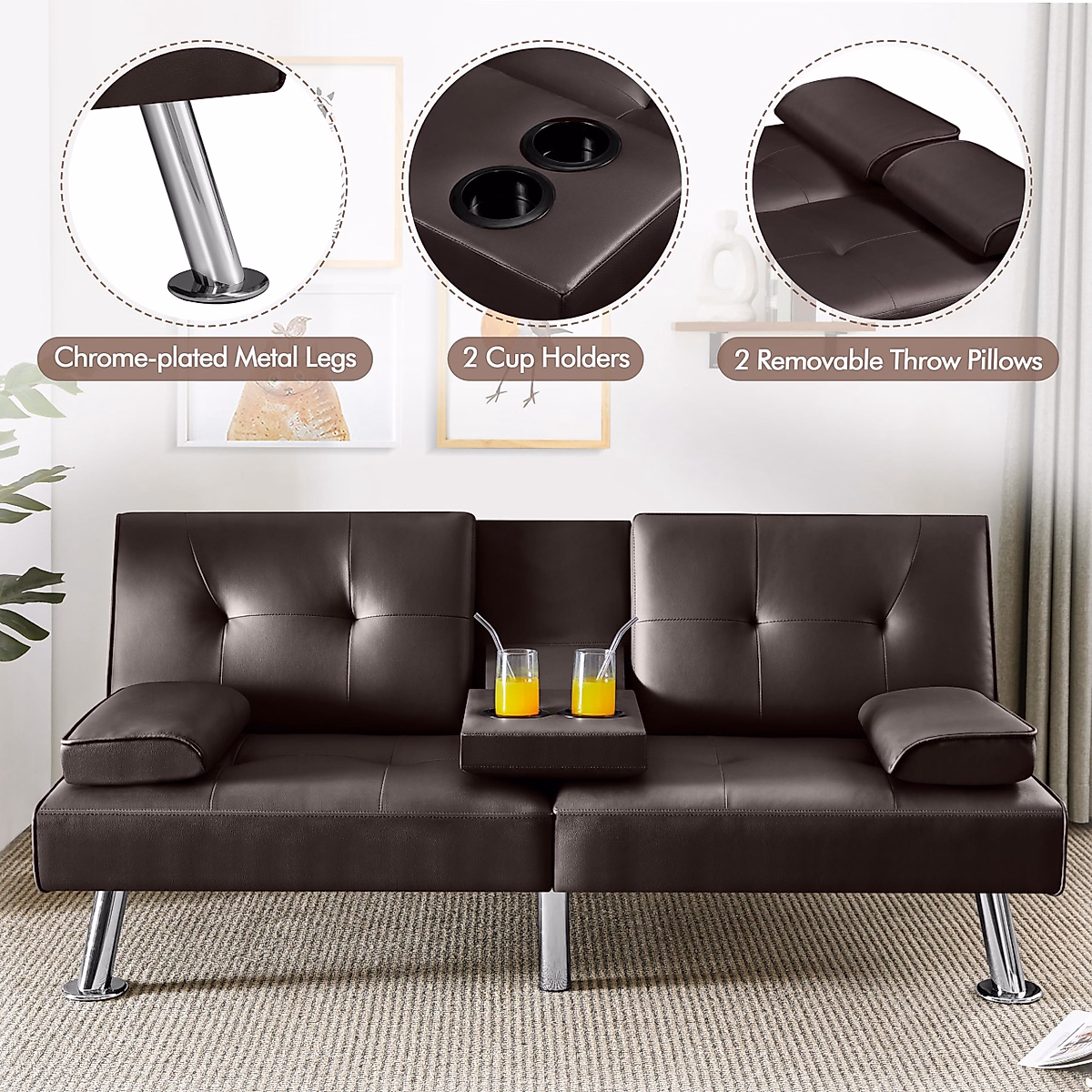 Yaheetech Convertible Sofa Adjustable Couch Sleeper Modern Faux Leather Home Reversible Loveseat, Removable Armrests, 3 Angles, 772lb Capacity, Espresso