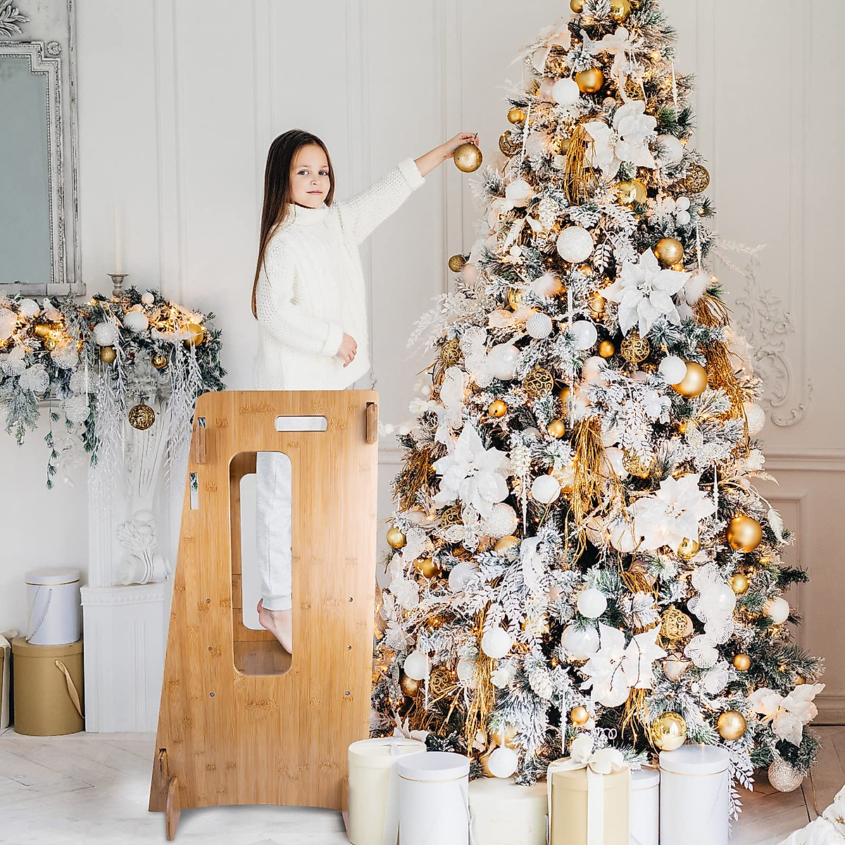 Learning Tower, Bamboo Height Adjustable Toddler Tower, Professional Toddler Kitchen Stool Helper, Kitchen Helper Stool for Toddlers, The Toddler Step Stool with Painting Tools.