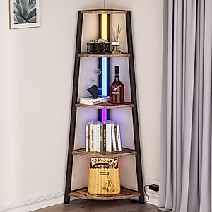 VILICK 5 Tiers Corner Shelf with Light Multiple Color Tall Corner Shelves Stable 3-Angle Structure Display Shelf for Collectibles with Metal Steel Frame and Thick Wood for Living Room Bedroom