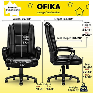 OFIKA Home Office Chair, Big and Tall Chair Heavy Duty Design, Ergonomic High Back Cushion Lumbar Back Support, 400LBS Computer Desk Chair, Adjustable Executive Leather Chair with Armrest (Black)