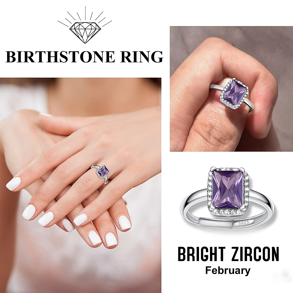 Bestyle 925 Sterling Silver Square Crytsal Cubic Zirconia Rings | Classic Silver February Amethyst Crystal Birthstone Rings for Women, Great Birthday Gift for Daughter/Wife/Mom/Grandma