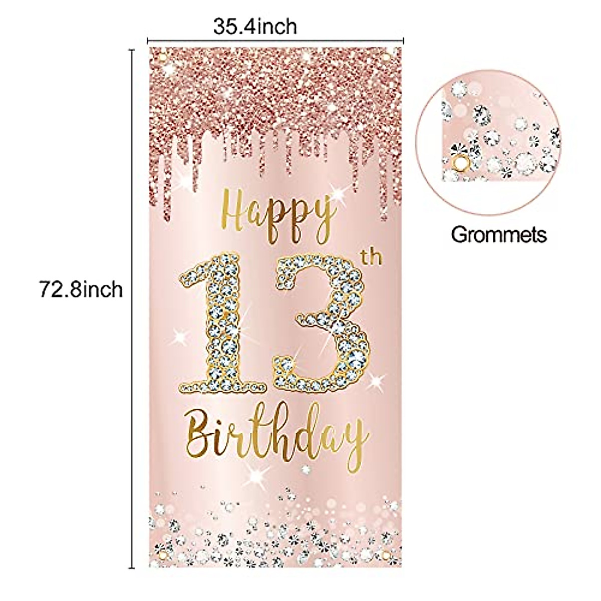 Happy 13th Birthday Door Banner Backdrop Decorations for Girls, Pink Rose Gold 13 Birthday Party Door Cover Sign Supplies, Thirteenth Year Old Birthday Poster Background Photo Booth Props Decor