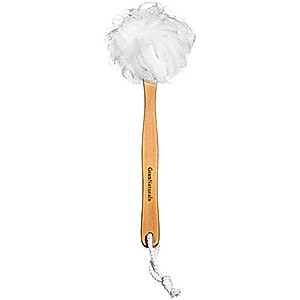 Shower Loofah on a Stick Body & Back Scrubber - Long Handled Mesh Bath Sponge Pouf Luffa Brush on a Stick with a Wood Handle for Men & Women - Easy Reach Body Wash & Lotion Applicator