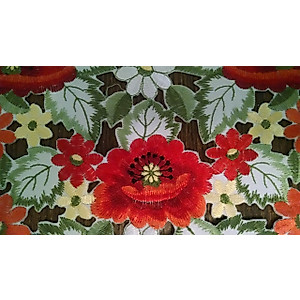 Doily Boutique Place Mat or Doily with Red Poppy Flowers on Antique White Fabric Size 27 x 13 inches