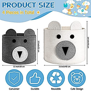 4 Pieces Cotton Rope Bear Animal Basket 2 Sizes Cute Bear Basket with Handles Cotton Rope Storage Basket Foldable Woven Storage Basket Baby Laundry Hamper Nursery Bins for Toys, Blanket, Clothes