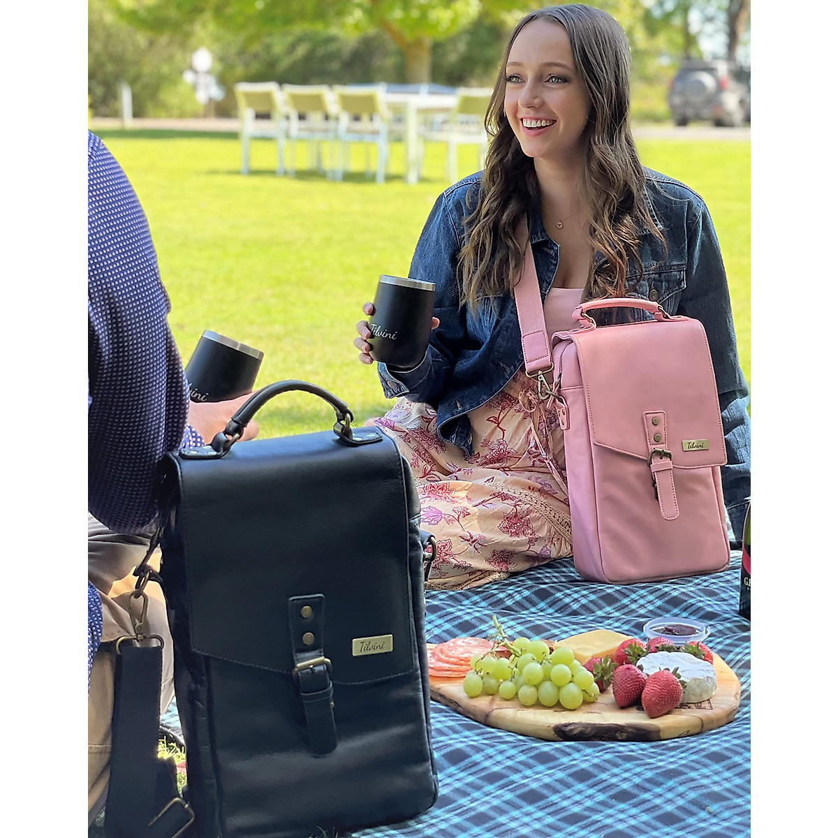 Tilvini Insulated Genuine Leather Wine Tote Bag With 2 Wine Tumblers. Wine Cooler Bag 2 Bottle Wine Carrier Set. Barbie Pink Bag. Wine Purse For Women. Mom Birthday Gift Bachelorette Party Wife Picnic