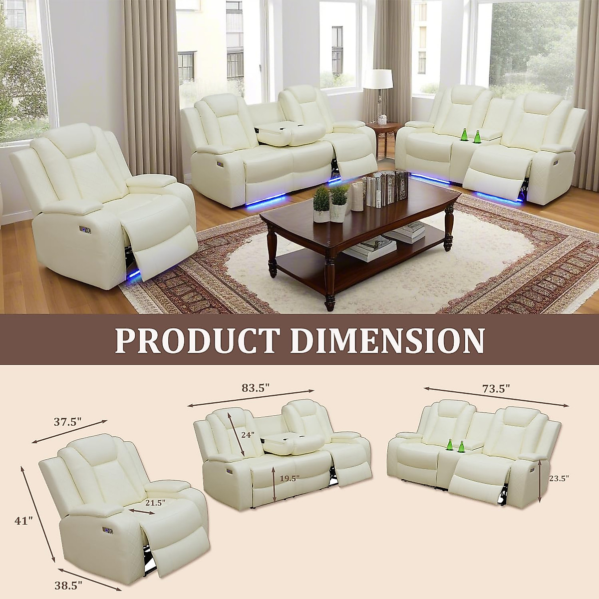 GEBADOL Power Reclining Sofa Set, Living Room Furniture Set with USB Ports, Leather Recliner Couches Set for Living Room/Apartment/Office/Home Theather (Creamy White, Sofa)