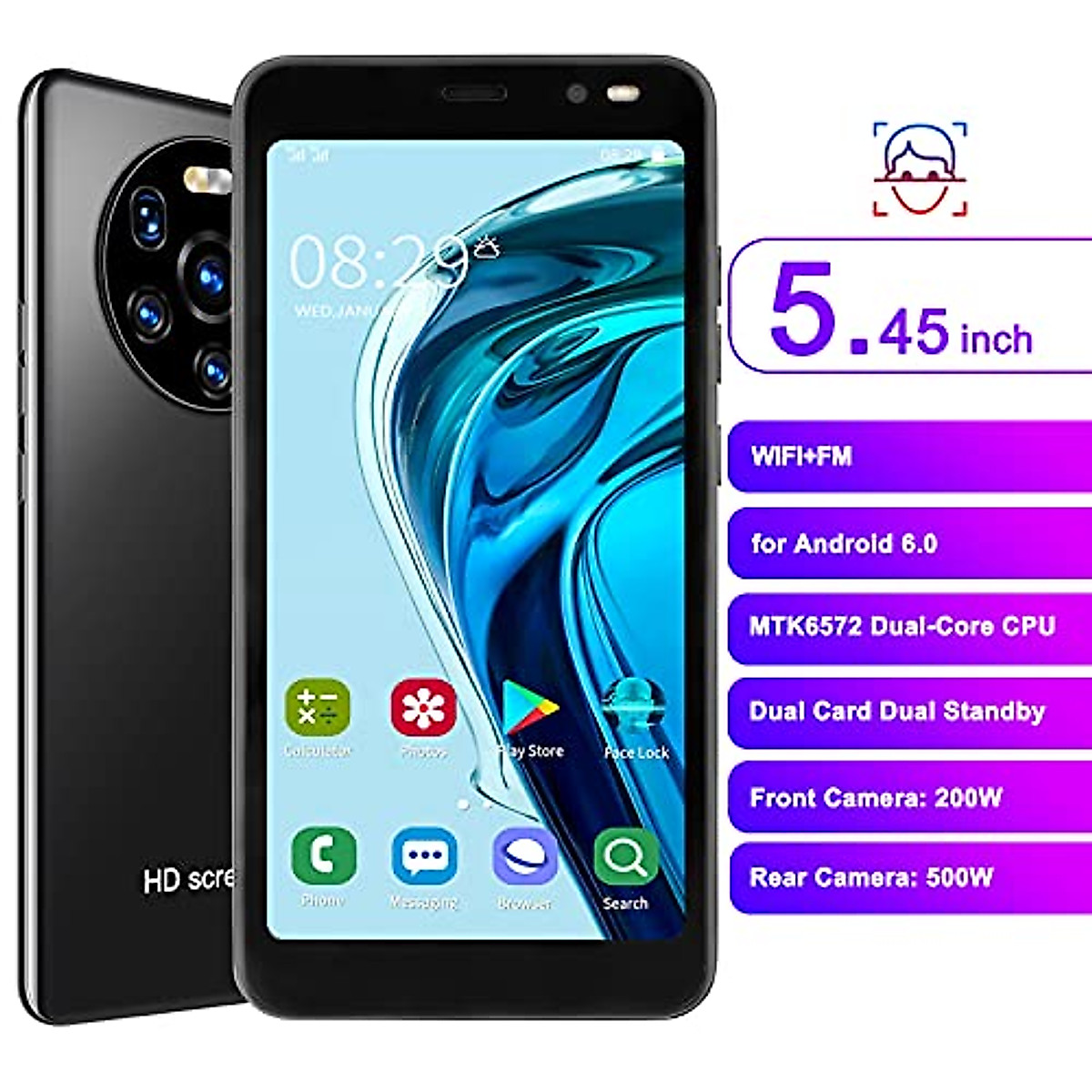 Zyyini 5.45 Inch Smart Phone, HD Smartphone Unlocked, Mate40 Pro Cell Phone, Full Screen Phone, Dual Card Dual Standby, Face Recognition, Dual Core CPU, for Android 6.0