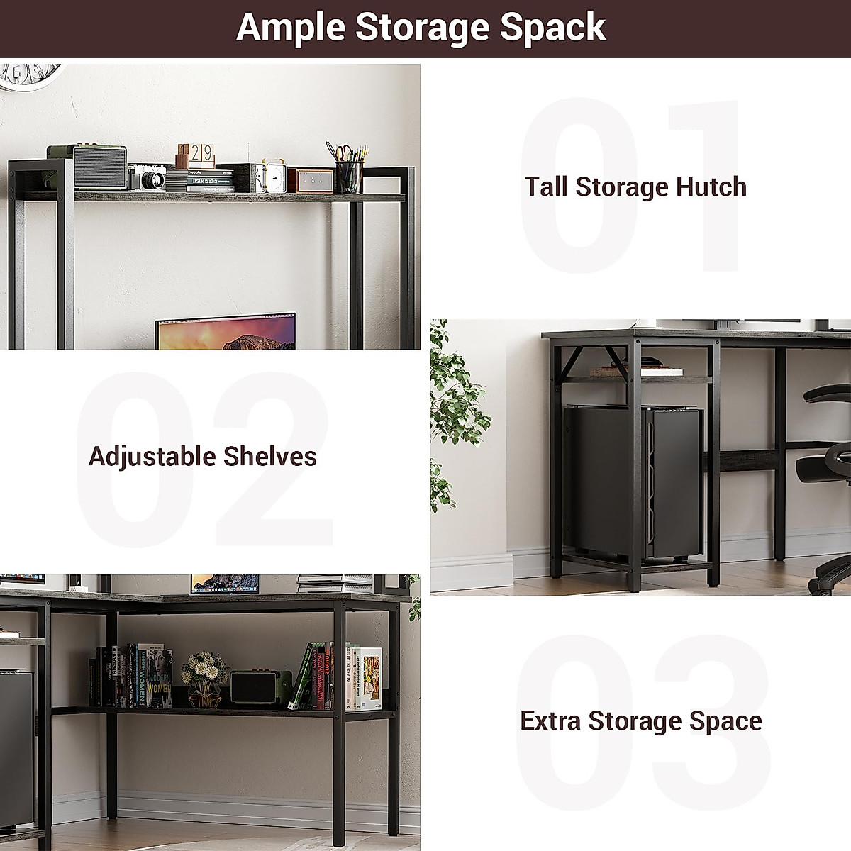 Unikito L Shaped Gaming Desk with LED Strip and Power Outlets, Reversible L-Shaped Computer Desk with Storage Shelves, Corner Desk with Hutch, 2 Person Home Office Desk, Black Oak