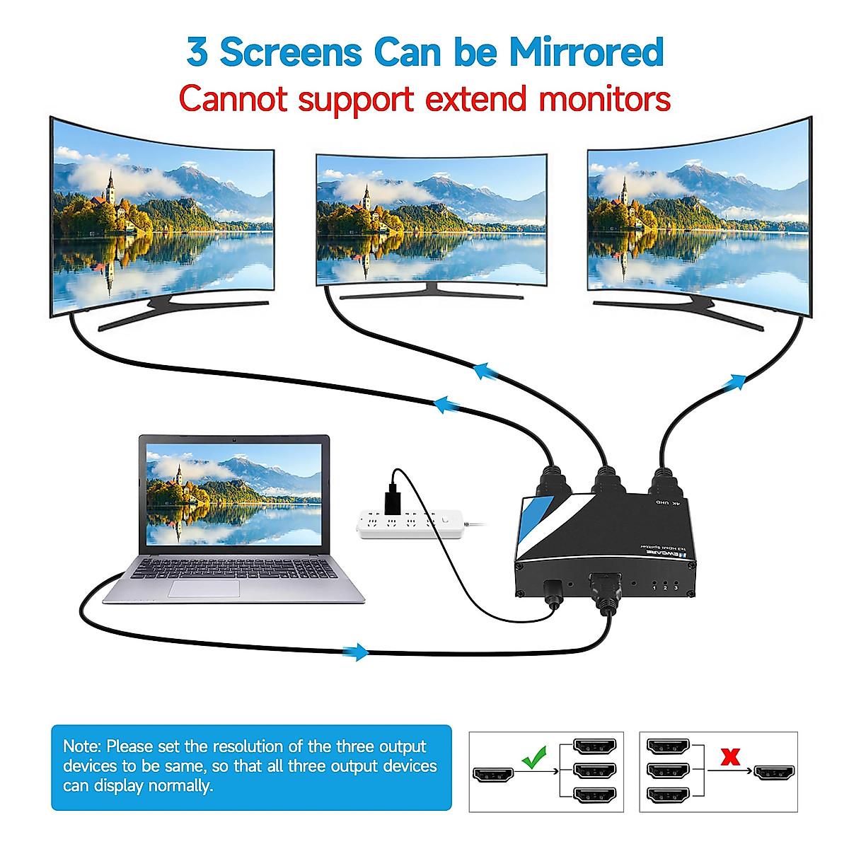 NEWCARE 4K HDMI Splitter 1 in 3 Out 【with 3.9 FT HDMI Cable】, 1×3 HDMI Splitter Support 4Kx2K, 1080P, 3D, HDR, DTS/Doby-TrueHD for Xbox PS5/4 Roku Blu-Ray Player Apple TV,NOT Support Extend Mode