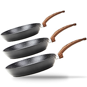 Vkoocy Non Stick Frying Pan Skillet Set, 8" 9.5" 11" Nonstick Pan Set Induction Cookware Set Omelet Pans, Granite Stone Chef's Pan, Black Kitchen Pan Set