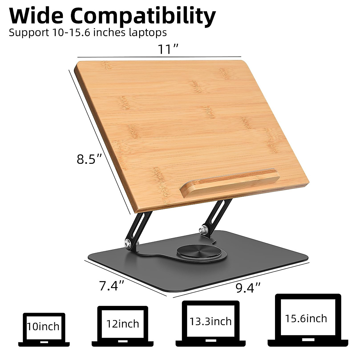wishacc Adjustable Laptop Stand with 360 Rotating Base, Computer Stand for Laptop Ergonimic Foldable Laptop Riser for Desk Compatible with MacBook Pro/Air up to 16", Bamboo Wood(11.0 x 8.1 inches)