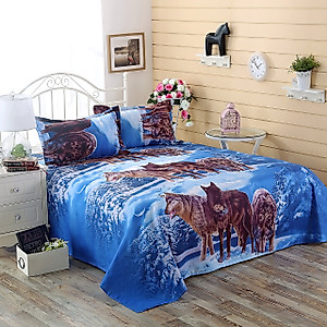 Heave Wolf Duvet Cover Set Queen Size Wolf Printed Bed Set with Sheet and 2 Pillow Covers Manly Bedding 4pcs